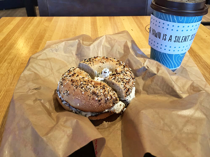 The dynamic duo of mornings everywhere. This bagel and coffee combo is ready to turn your yawn into a "Yahoo!"