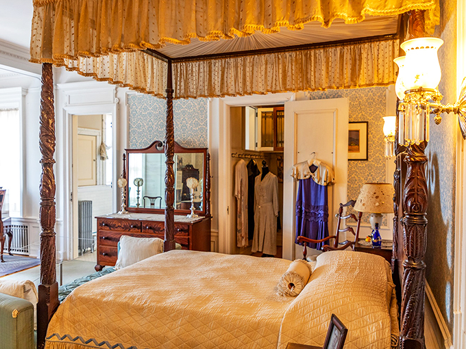 Sweet dreams are made of this! This bedroom's canopy bed is fit for royalty &ndash; or at least a Gilded Age mining magnate.