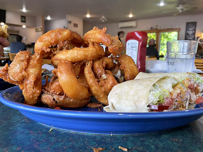 Talk about a dynamic duo! This chicken wrap and onion ring combo is like Batman and Robin, if Batman was wrapped in a tortilla and Robin was deep-fried to perfection.