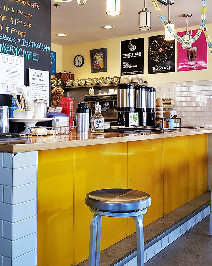 Yellow submarine? Nope, just the coolest cafe counter in Minneapolis. The cheerful hue is guaranteed to brighten even the grayest Minnesota morning.