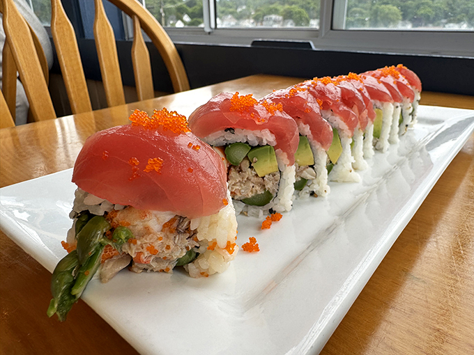 Sushi with a Maine accent? You betcha! This colorful roll is like a United Nations assembly of flavors, bringing together the best of land and sea.