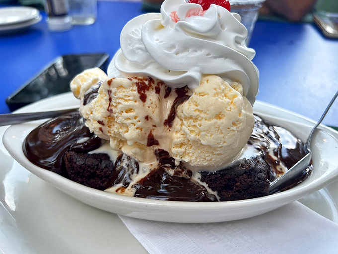 This isn't just dessert but a frosty flavor explosion. With a mountain of ice cream atop what looks like brownie paradise, it's the kind of sweet treat that makes you feel like a kid again.