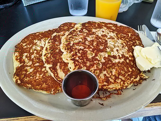 These pancakes are flatter than the Earth isn't. Stack 'em high and let the syrup flow like sweet, sticky lava.