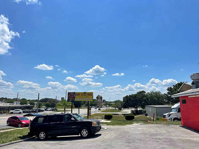 BBQ pilgrimage parking! Pull up, follow your nose, and prepare for a religious experience in smoked meat salvation.