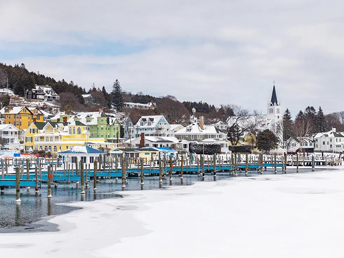 Frozen in time: Mackinac's waterfront looks like it's waiting for Walt Disney to add the finishing touches.