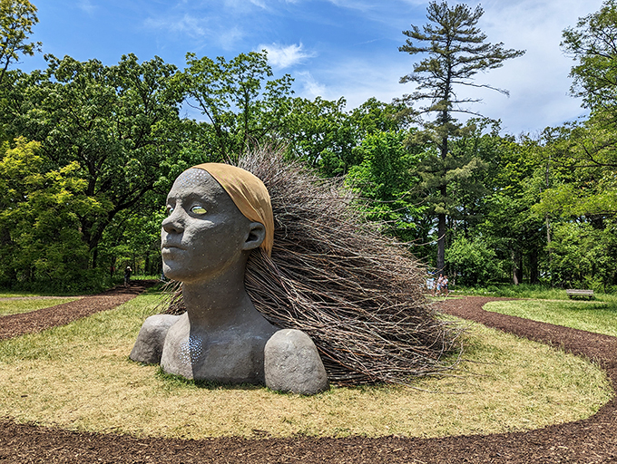 "Troll-y good fun at Morton Arboretum! These wooden giants are the ultimate hide-and-seek champions."