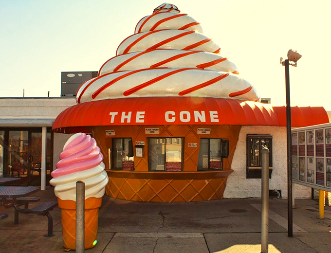 The Leaning Tower of Delicious! This giant cone is serving up scoops of joy and plenty of photo ops.