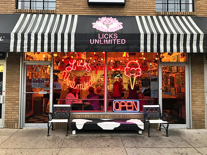 Where decision-making is delicious torture! Licks Unlimited's neon sign glows like a beacon of hope for sweet-toothed adventurers.