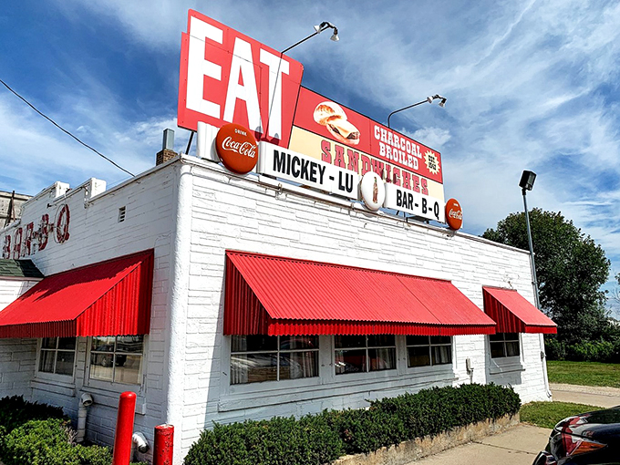 Red and white exterior, smoky flavors inside. Mickey-Lu's is like a backyard BBQ that grew up and got its own restaurant.