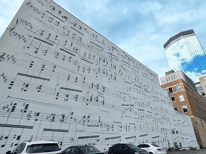 Sheet music never looked so street! This sky-high score is hitting all the right notes in the Minneapolis skyline.