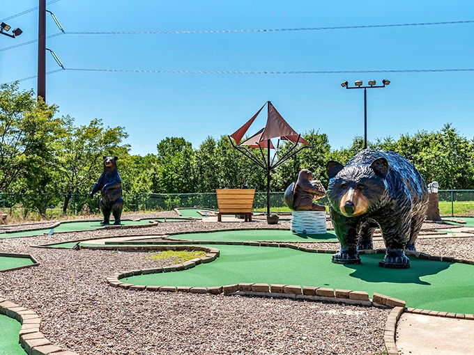These bears aren't looking for picnic baskets - they're watching to see if you can make par on this whimsical landscape.