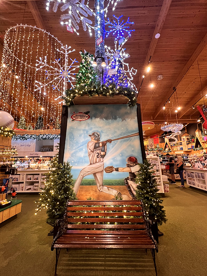 Batter up for Christmas! This baseball-themed display hits a holiday home run right out of the festive park.