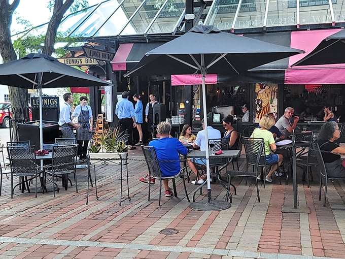 Al fresco dining with a side of people-watching. Leunig's outdoor seating is prime real estate for soaking up Burlington's vibrant atmosphere.