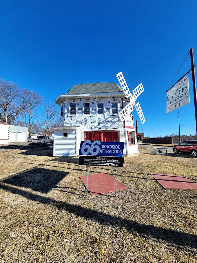 "Not your average roadside pit stop." This quaint building with its charming windmill proves that Route 66 is full of surprises, big and small.
