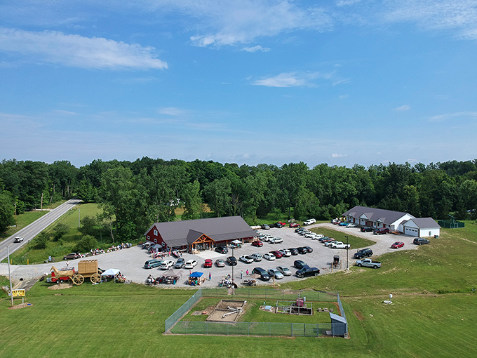 Bird's eye view of a barn-sized surprise. From up here, it looks like someone dropped a Monopoly piece in the Ohio countryside.