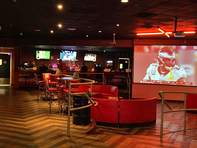 Sports on big screens and comfortable seating make this the perfect spot for catching the game between frames.
