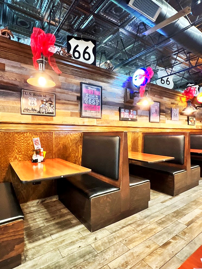 Cozy booths and wood-paneled walls create the perfect pit stop for hungry travelers and local regulars alike.