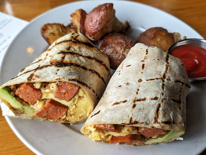 This isn't just a breakfast burrito &ndash; it's morning happiness wrapped in a grilled tortilla with perfectly roasted potatoes. Photo credit: Joseph McDonough