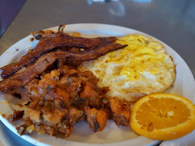 The breakfast trifecta: eggs, bacon, and potatoes. It's like the holy trinity of morning meals, guaranteed to kickstart your day better than any alarm clock ever could.