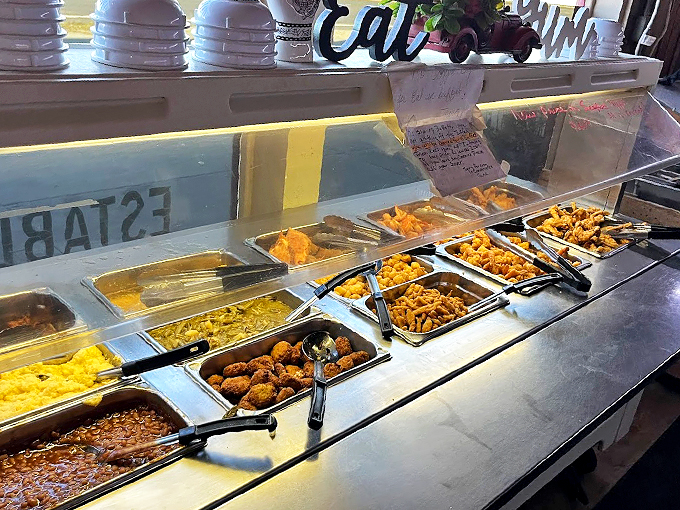 A steam table lineup that would make any Southern grandmother proud, offering stick-to-your-ribs comfort food classics. 