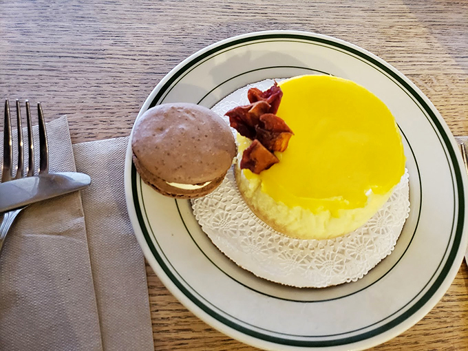 The perfect duet: a delicate macaron meets its match in a sunshine-yellow citrus cheesecake.