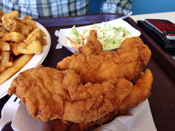 Proof that even landlubbers can find happiness at a seafood joint - this crispy chicken is no compromise.
