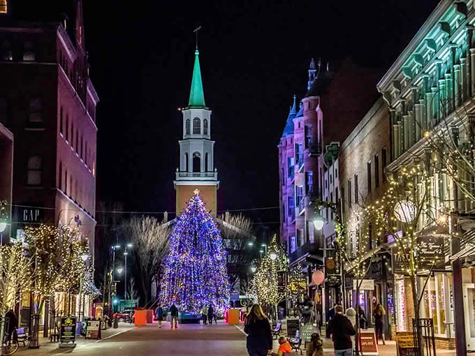 Night falls, but the magic rises. Burlington's downtown transforms into a glowing spectacle that would make Clark Griswold weep with joy.