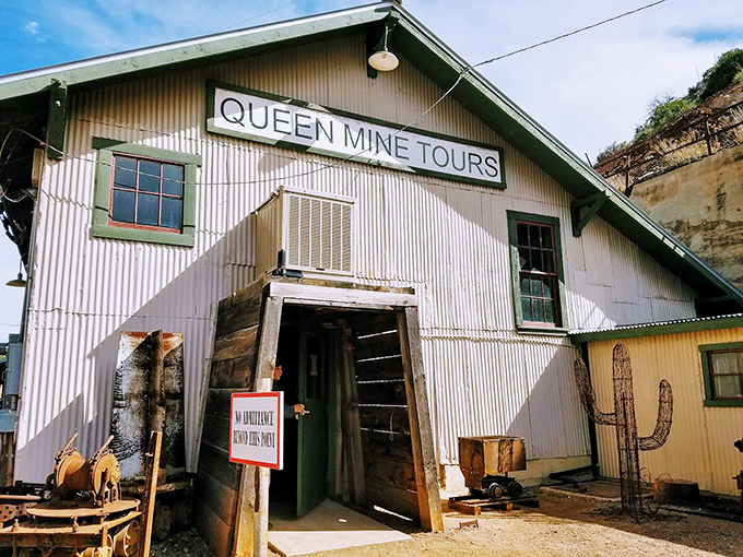 The Queen Mine's facade: Where Wild West meets industrial chic. It's the kind of place John Wayne would've loved... if he was into geology.