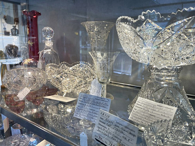 Cut crystal catches the light like diamonds, each piece waiting to add sparkle to someone's special occasions.