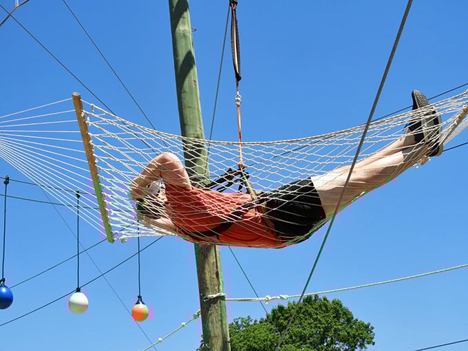 Taking a breather in the aerial hammock, because even daredevils need a moment to appreciate the view. Photo credit: Take Flight Aerial Adventure Park