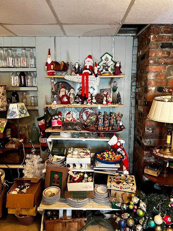 Santa's workshop meets vintage charm in this festive corner, where Christmas decorations from every era find new life.