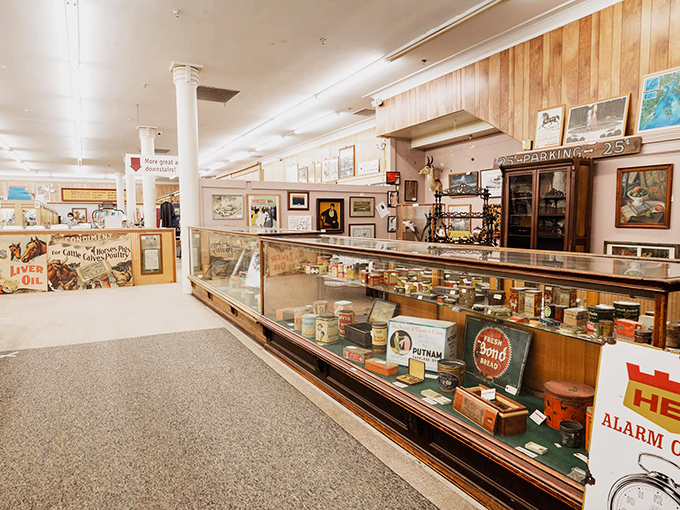 Vintage advertising signs and glass display cases showcase the fascinating evolution of American consumer culture.