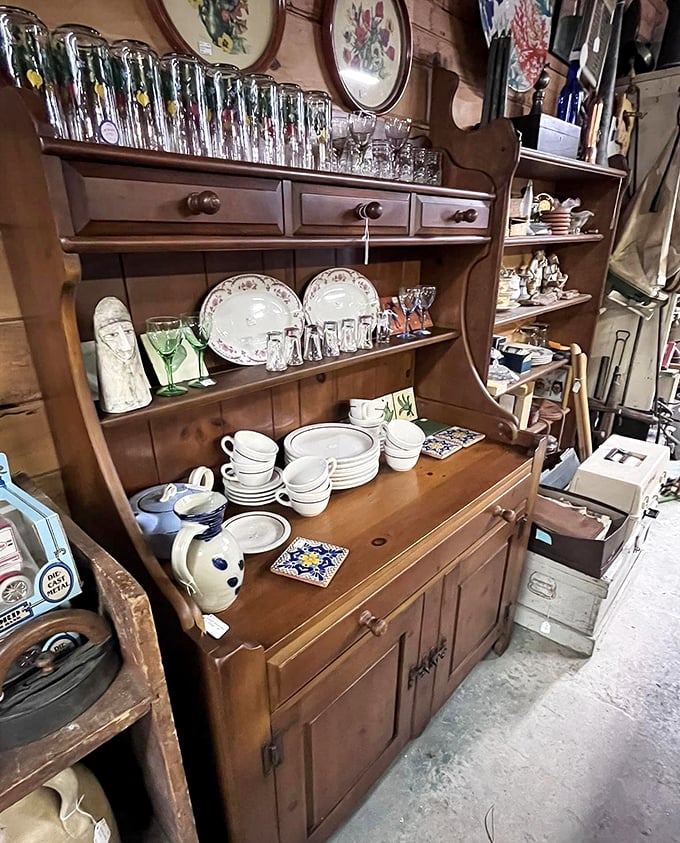 Grandmother's china cabinet comes to life with Depression glass and vintage serving pieces that whisper of Sunday dinners past.