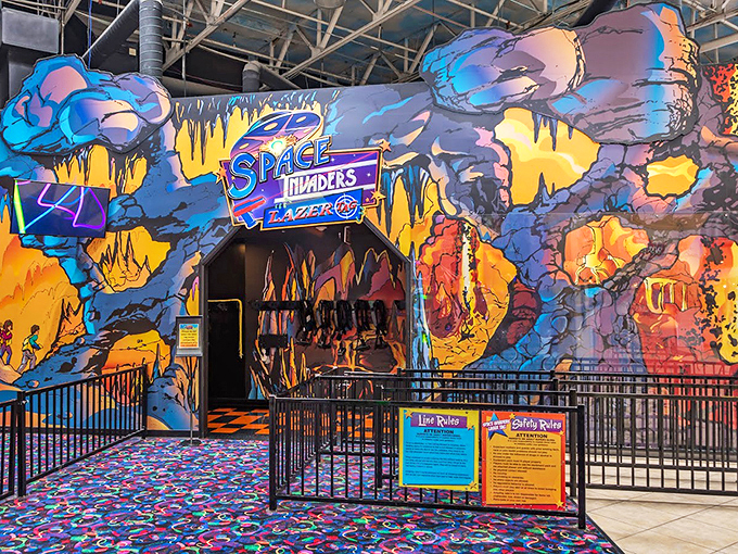 Prepare for an out-of-this-world experience! This Space Invaders-themed laser tag arena is where stars are born (and zapped). Photo credit: Timothy Bibb