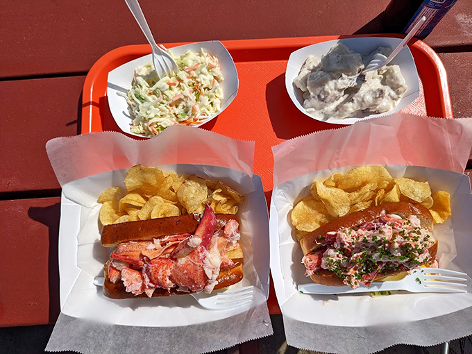 Fresh coleslaw and potato salad join forces with lobster rolls to create the ultimate New England power lunch.