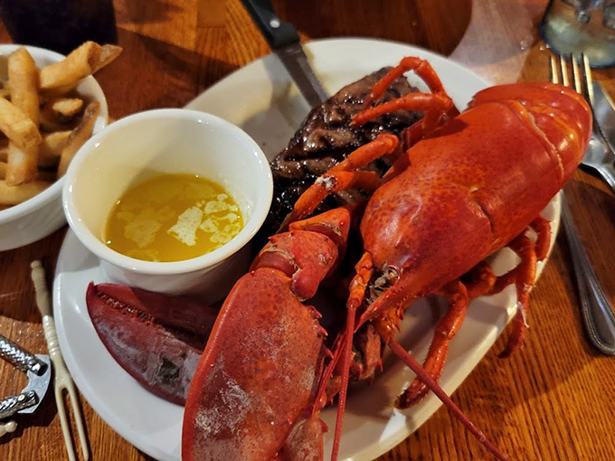 The classic surf and turf gets the royal treatment &ndash; a lobster red enough to make a fire truck envious.