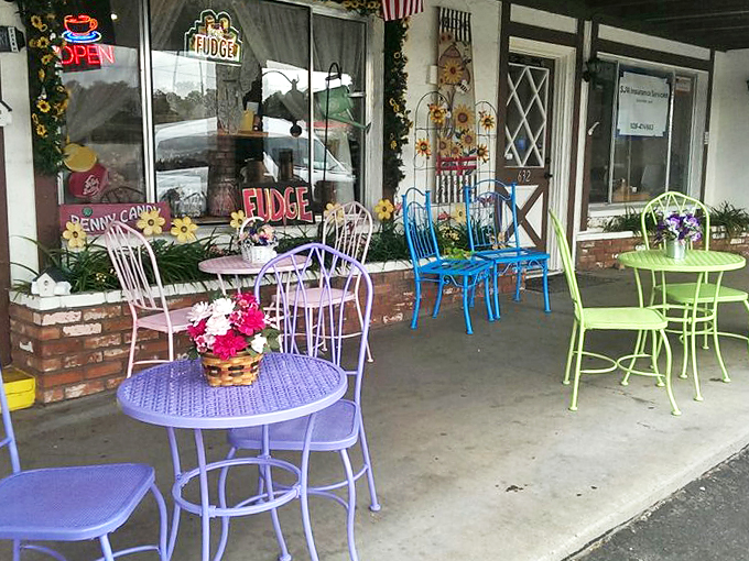 Rainbow-colored chairs invite visitors to sit and savor their treats while enjoying Arizona's famous blue skies.