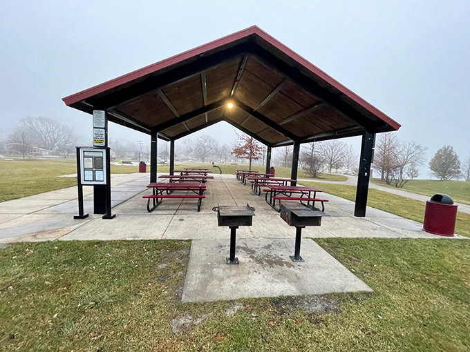 This covered pavilion stands ready for everything from family reunions to quick lunch breaks, complete with built-in grills.