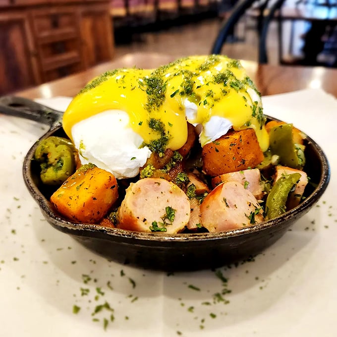 Follow the rainbow to this Pot of Gold Benedict. It's a lucky charm for your taste buds, no leprechaun required.