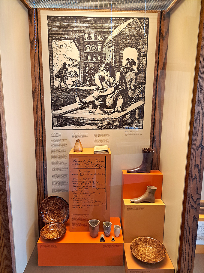 A time capsule of pottery past! From ancient tools to vintage designs, this display is a ceramic lover's treasure trove.