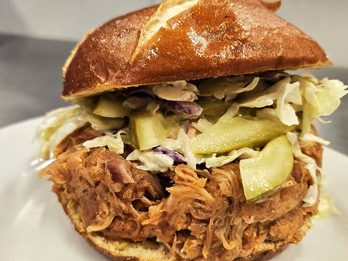 A pulled pork sandwich that's dressed to impress, with enough slaw to make your taste buds dance.