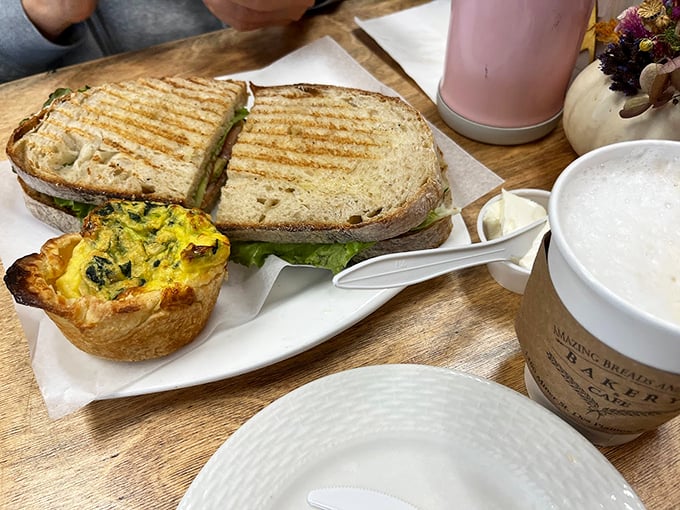 The perfect lunch trinity: grilled sandwich, quiche, and coffee&mdash;because sometimes you can have it all.