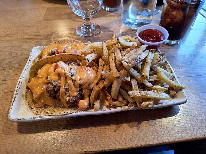 Tacos get the Maine treatment with a generous drizzle of sauce and a side of those addictive fries.