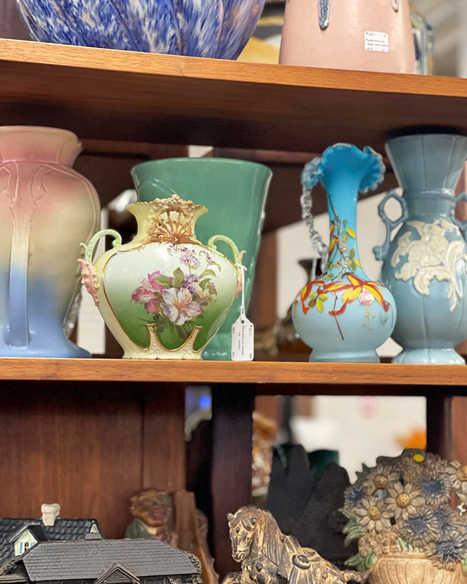 Pastel porcelain perfection lines these shelves, showcasing the delicate artistry of generations past.