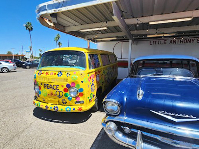 A peace-loving VW bus shares space with classic chrome, showcasing Arizona's diverse automotive heritage under swaying palm trees.