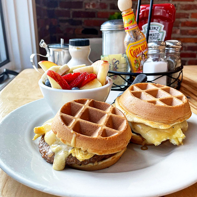 Breakfast gets creative with these waffle sandwiches, proving everything's better between two golden Belgian waffles.