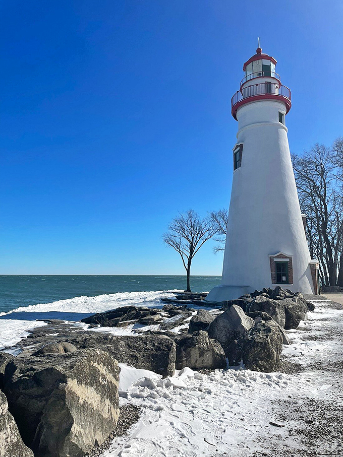 Winter wonderland meets maritime marvel! The lighthouse stands stoic against nature's frosty embrace, like a snow-capped seafarer.