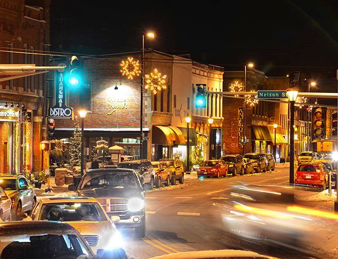 Nelson Street after dark: where holiday lights and car headlights create a festive light show worthy of a Christmas album cover.