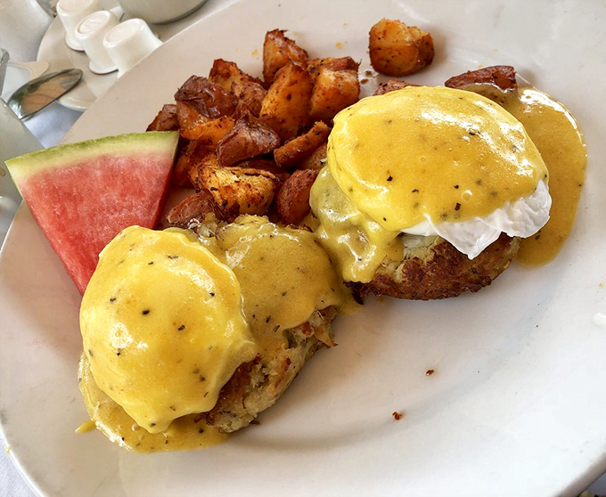 Eggs Benedict's fancy cousin has arrived. This crab cake version is what breakfast dreams are made of. Photo credit: Saleem M.
