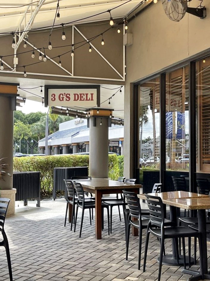 Alfresco dining, Florida style! Enjoy your knish with a side of sunshine on this charming patio. Just watch out for seagulls eyeing your pickle.